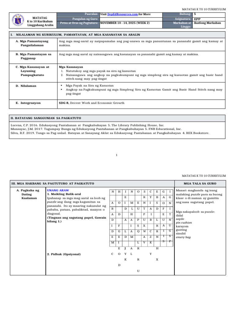 DLL Matatag - Epp 5 Q3 W2 | PDF