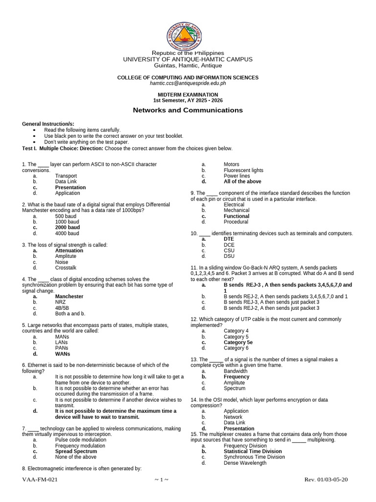Networks and Communications Midterm Exam | PDF | Computer Network ...