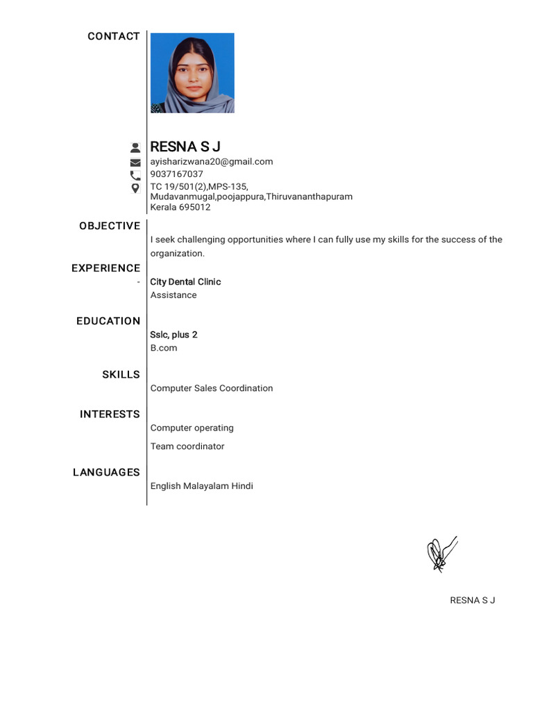 Resume of Resna S J - Job Seeker | PDF