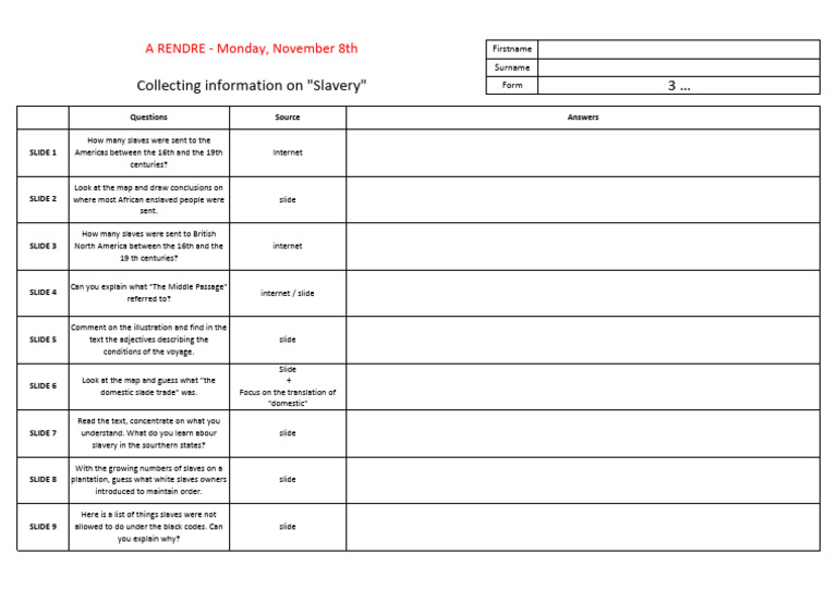 Answer Form On Slavery Blank V2 | PDF
