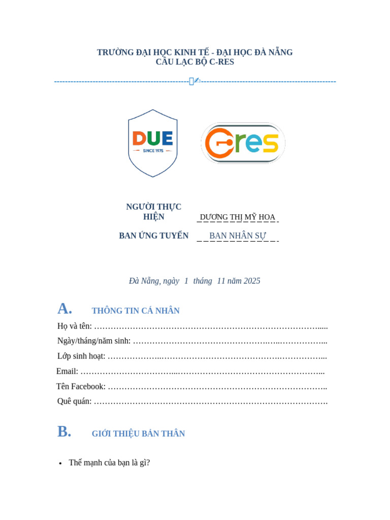 Dương Thị Mỹ Hoa-Ứng Tuyển Thường Trực BCN C-res 25.26 | PDF