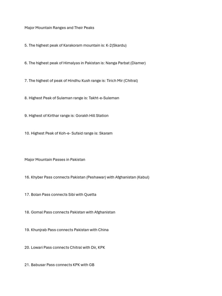 Major Mountain Ranges and Passes in Pakistan (MN Online Academy | PDF