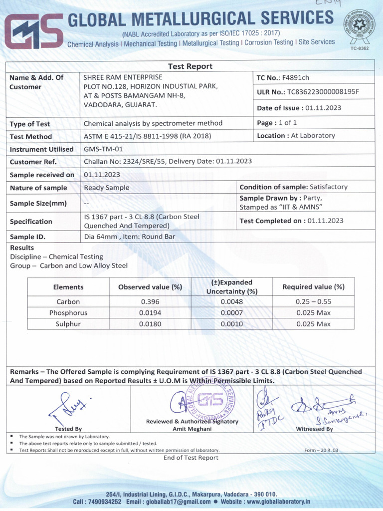 Shree Ram Enterprise Sample Piece 8.8 Grade | PDF