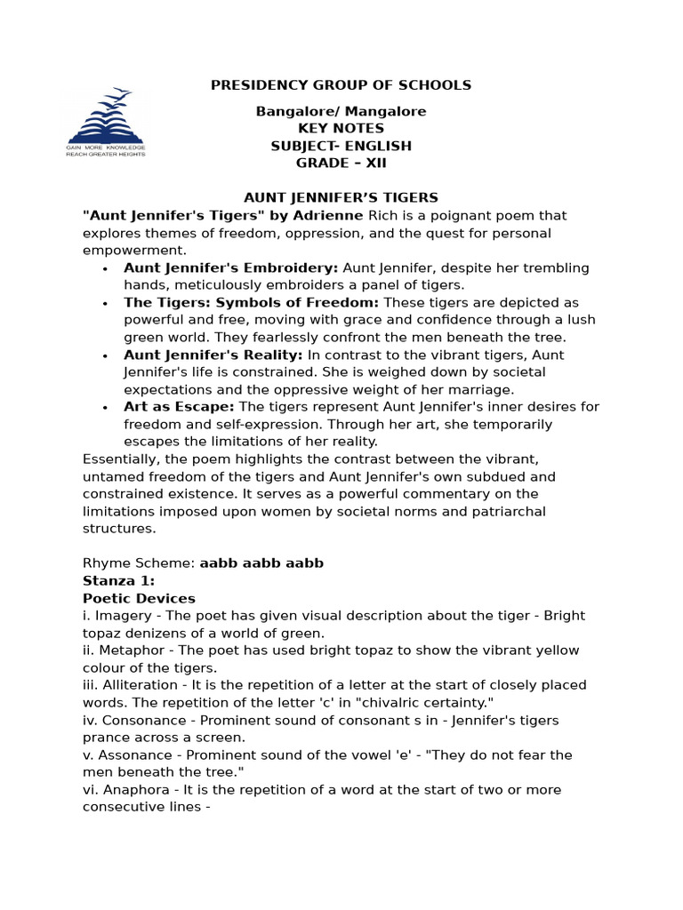 Aunt Jennifer's Tigers | PDF | Poetry | Poetic Devices