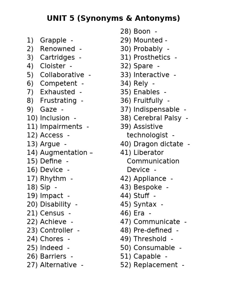 Unit 5 Synonyms & Antonyms | PDF | Disability