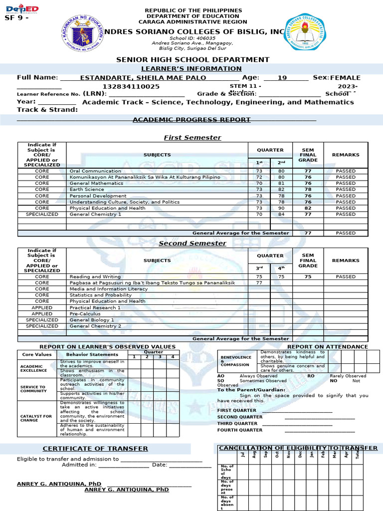 Updated Progress Report Card Shs | PDF | Learning