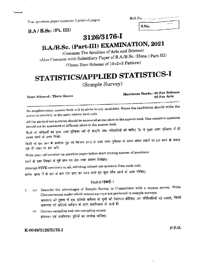 Ba Bsc Part 3 Statistics Applied Statistics 1 3126 3176-1-2021 | PDF