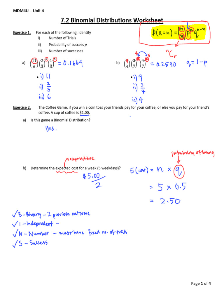 L30 7.2 Binomial Distributions - Worksheet (3) Annotated | PDF ...