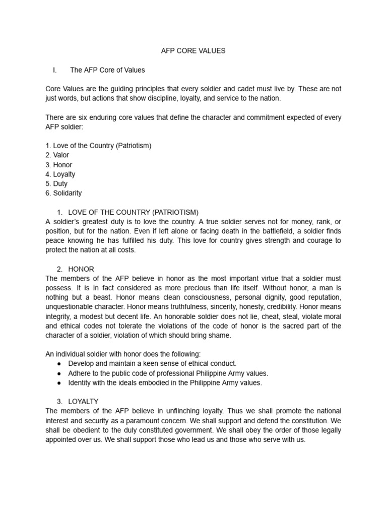 AFP Core Values Handout | PDF | Courage | Value (Ethics)