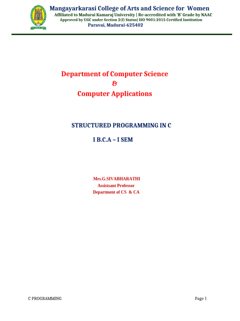 Department of Computer Science & Computer Applications: Structured Programming in C I B.C.A - I ...