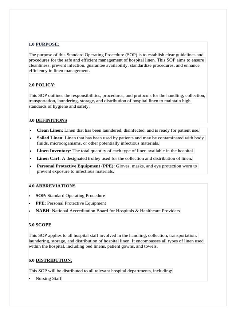 Hospital Linen Management SOP | PDF | Hygiene | Health Care