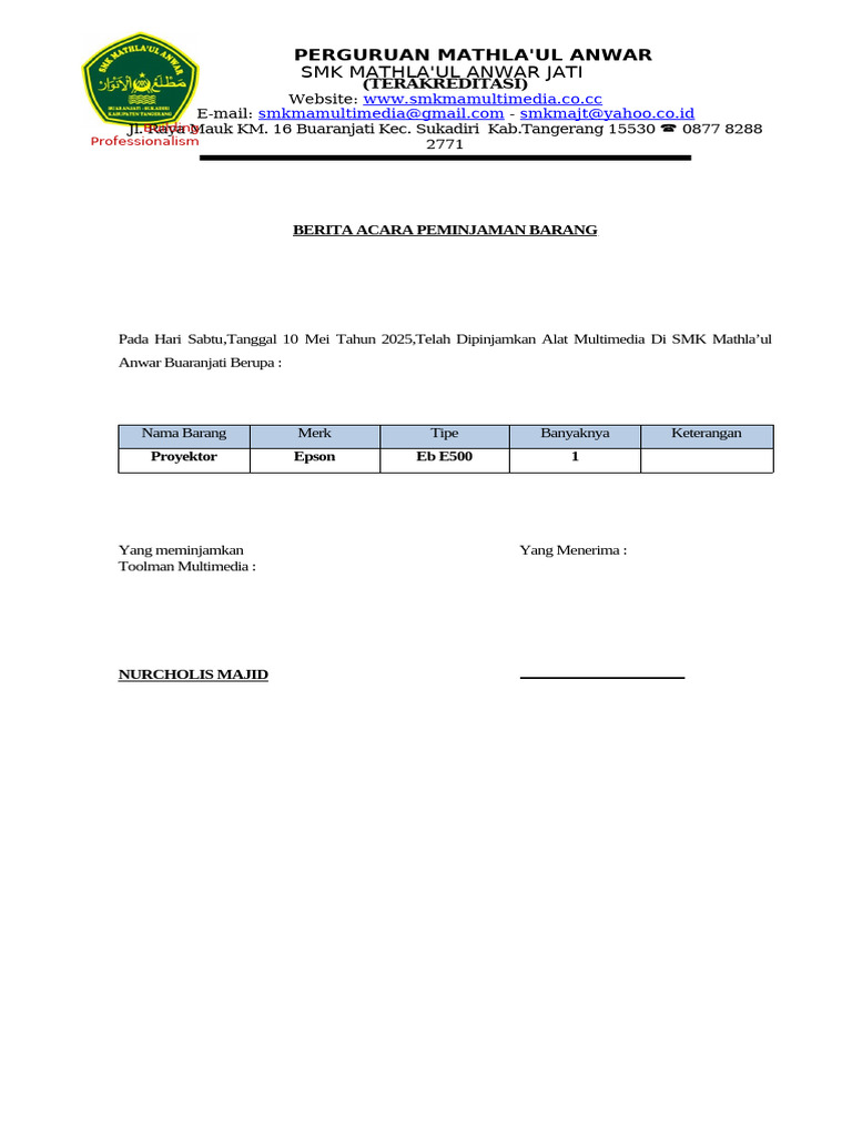 Peminjaman Alat Multimedia SMK MA | PDF