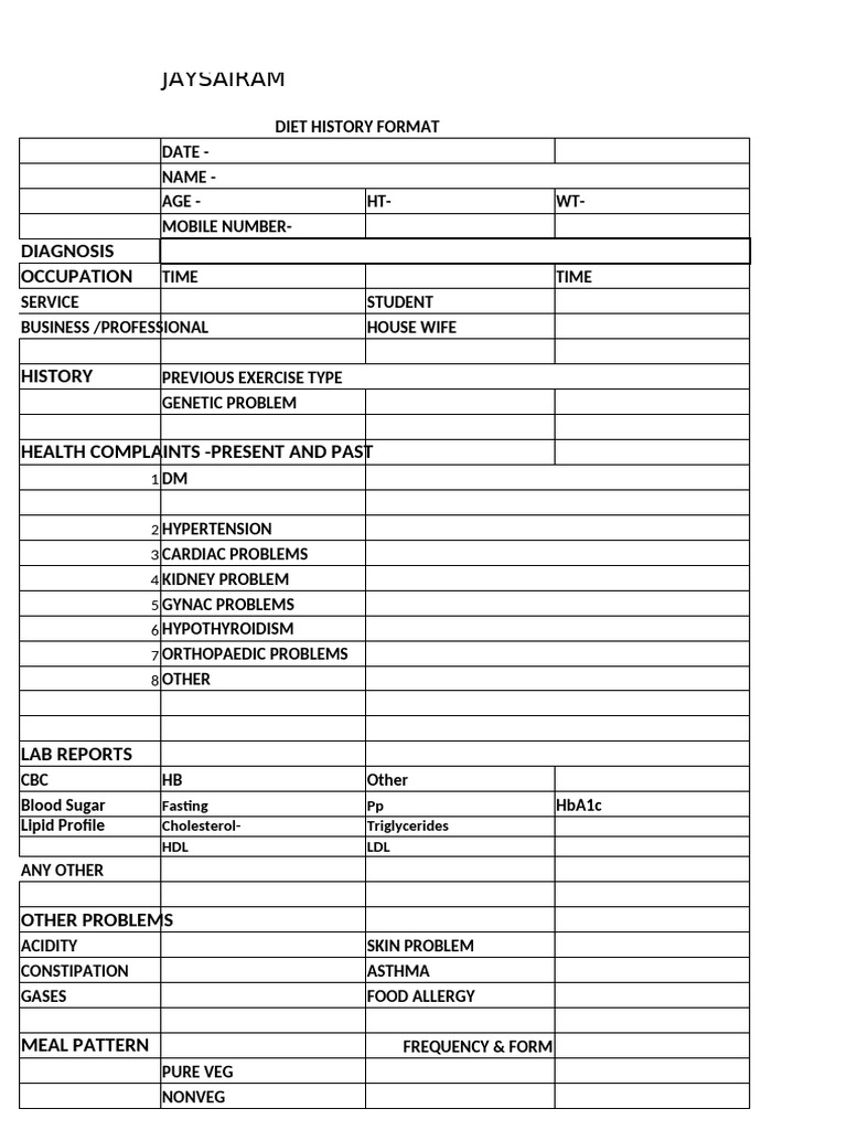 Comprehensive Diet History Template | PDF