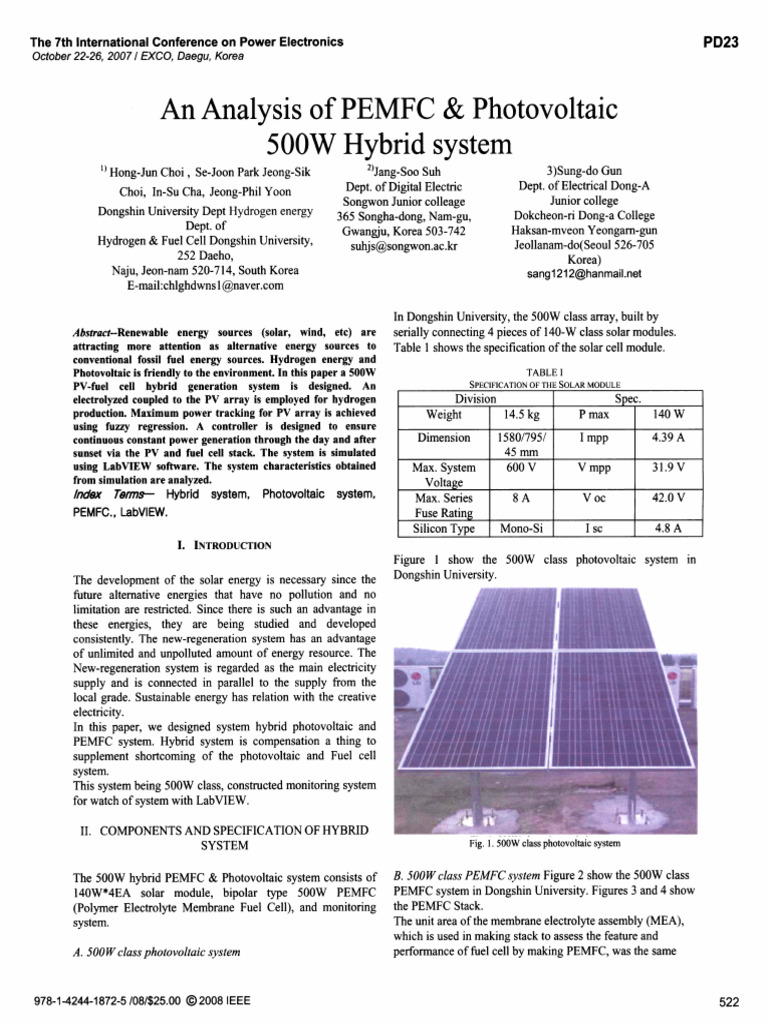 An Analysis of PEMFC Amp Photovoltaic 500W Hybrid System | PDF | Fuel ...