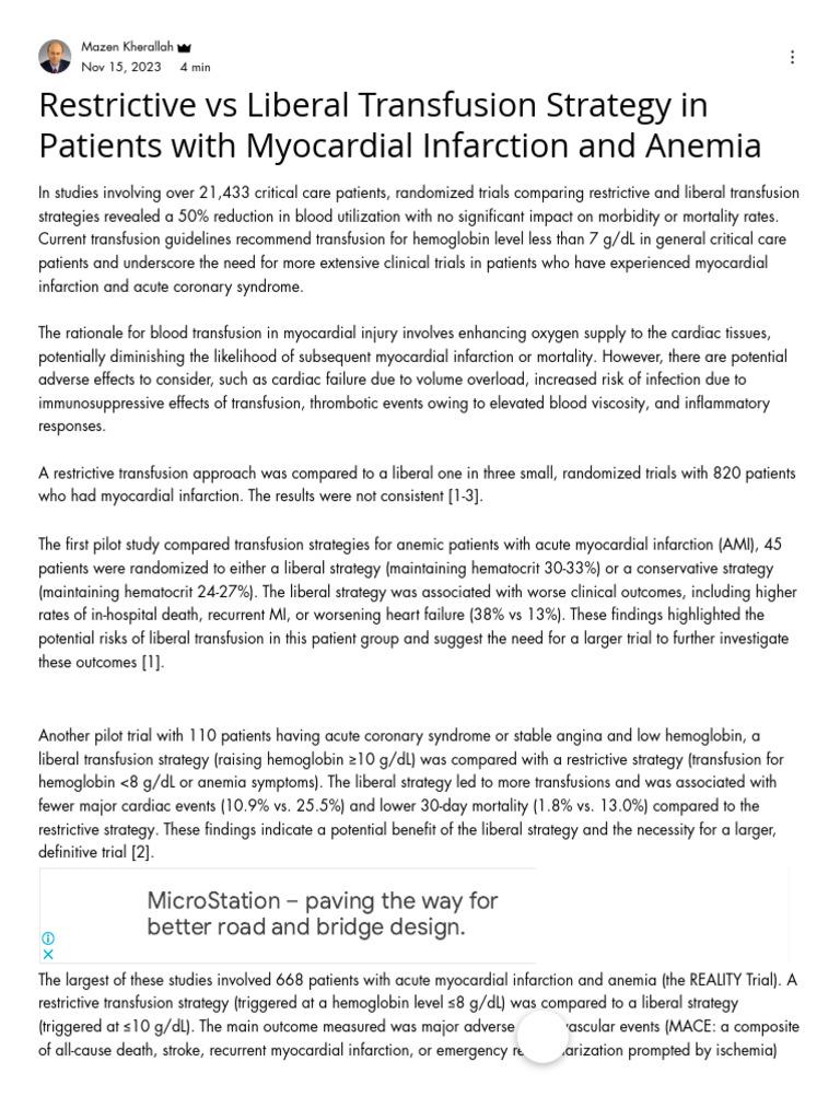 Restrictive Vs Liberal Transfusion Strategy in Patients With Myocardial ...