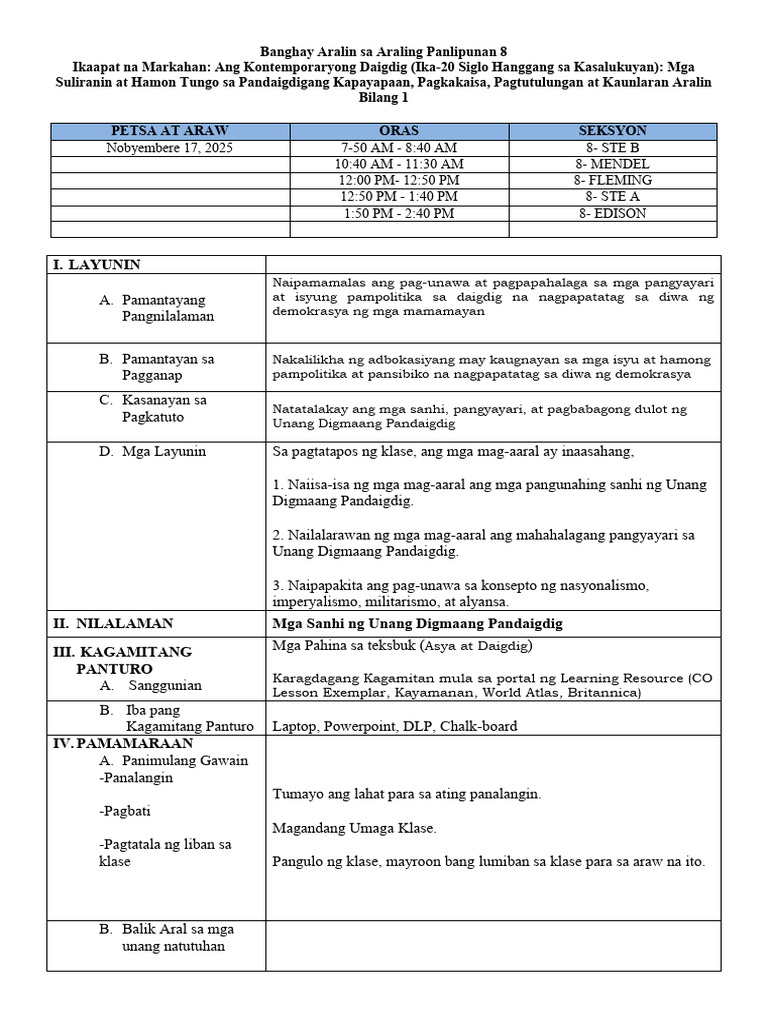 Lesson Plan (Week 1 (Day 1) ) | PDF
