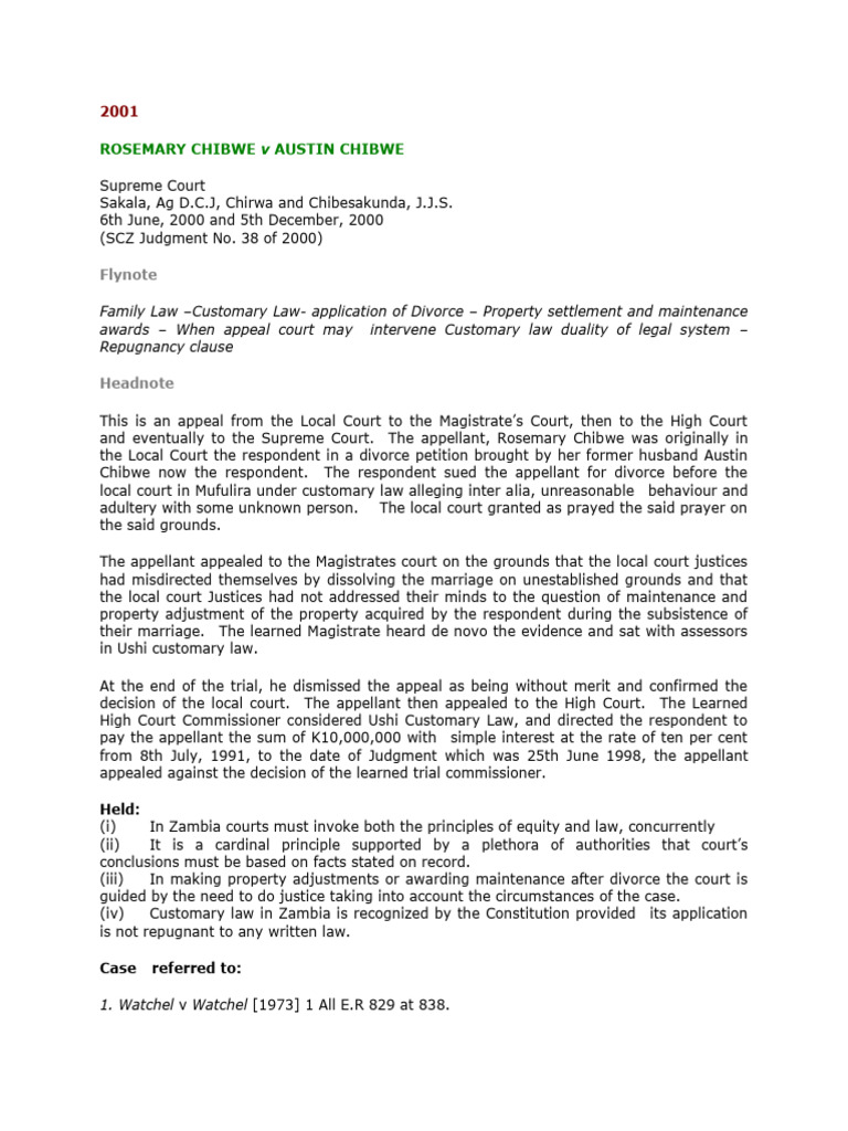 Divorce Appeal: Chibwe v Chibwe Case | PDF | Negligence | Appeal