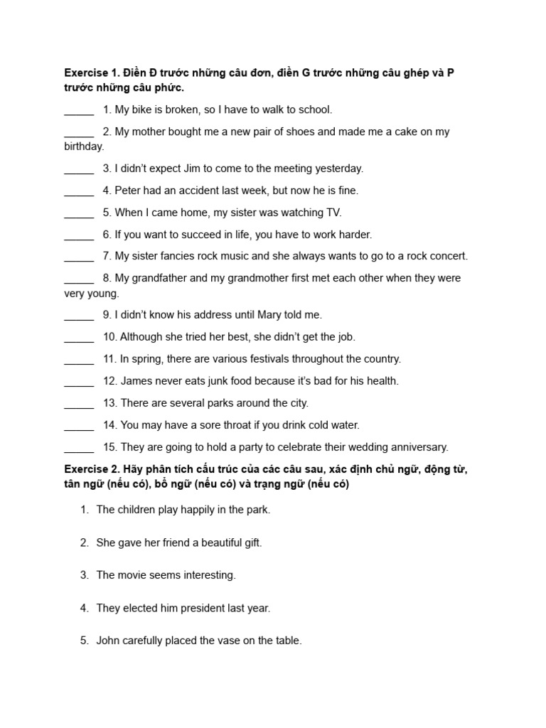 Sentence Structure and Analysis Exercises | PDF