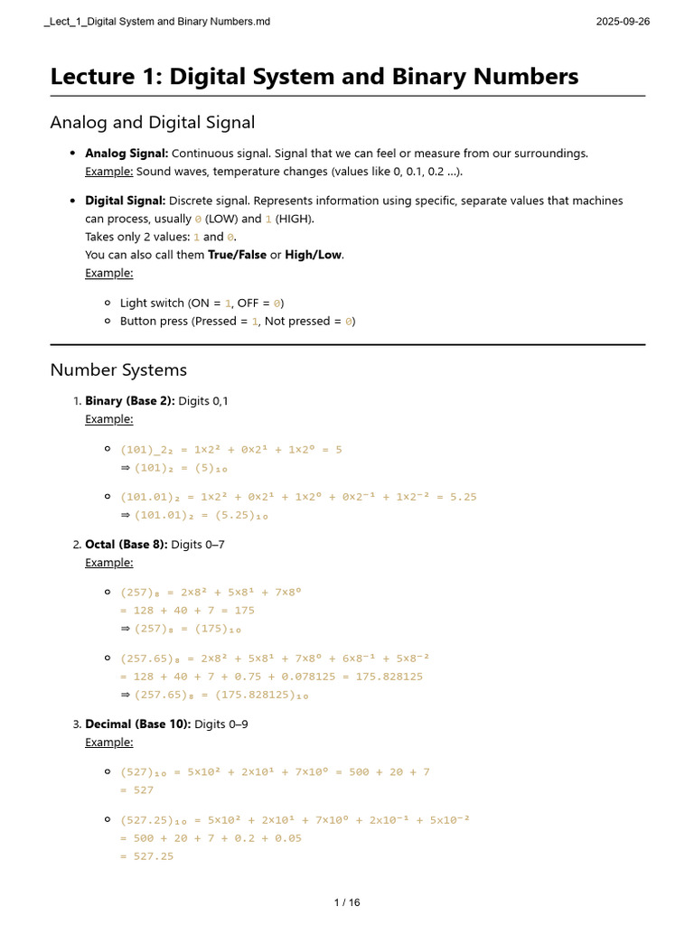 Lect - 1 - Digital System and Binary Numbers | PDF | Binary Coded Decimal | Mathematical Notation