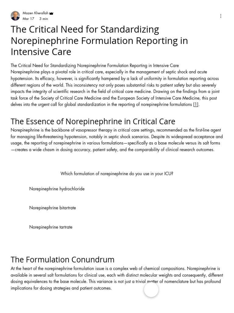 The Critical Need for Standardizing Norepinephrine Formulation ...