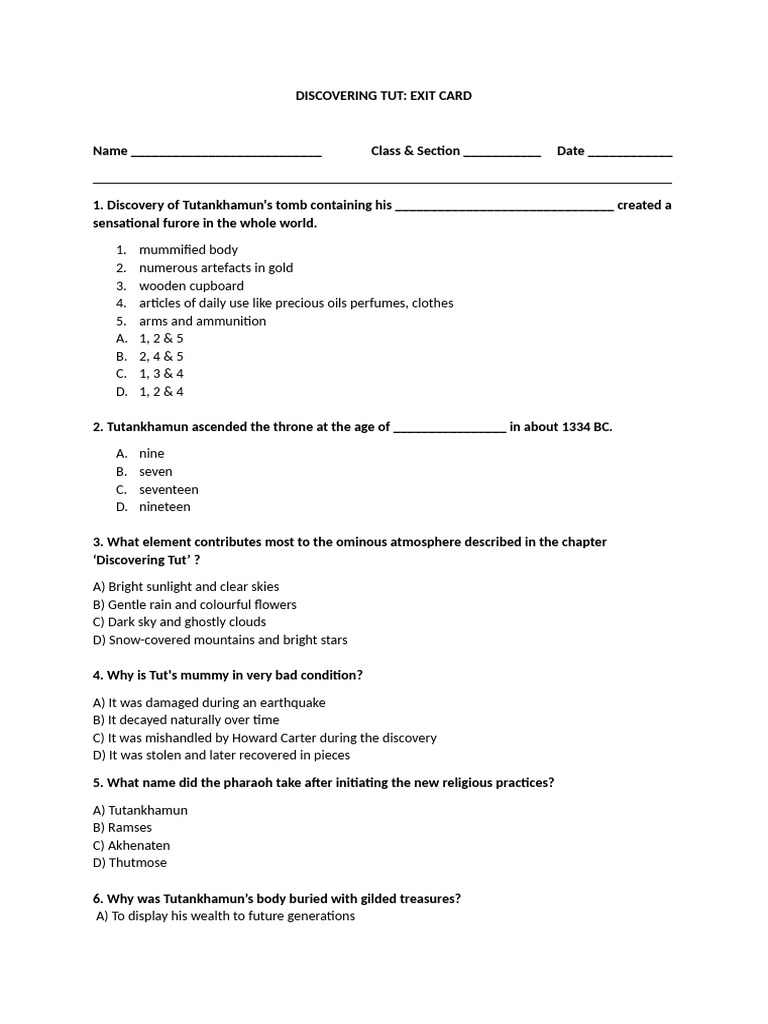Discovering Tut Exit Card | PDF | Tutankhamun | Ancient Egypt
