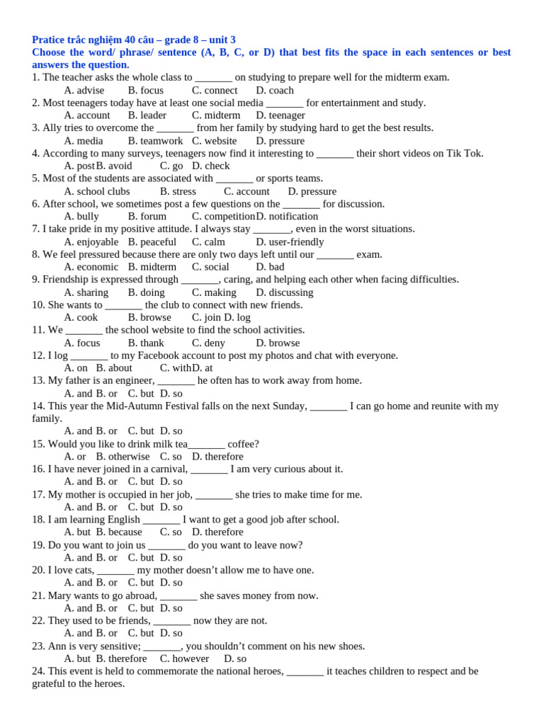 Grade 8 Unit 3 Practice Test | PDF | Adolescence | Facebook