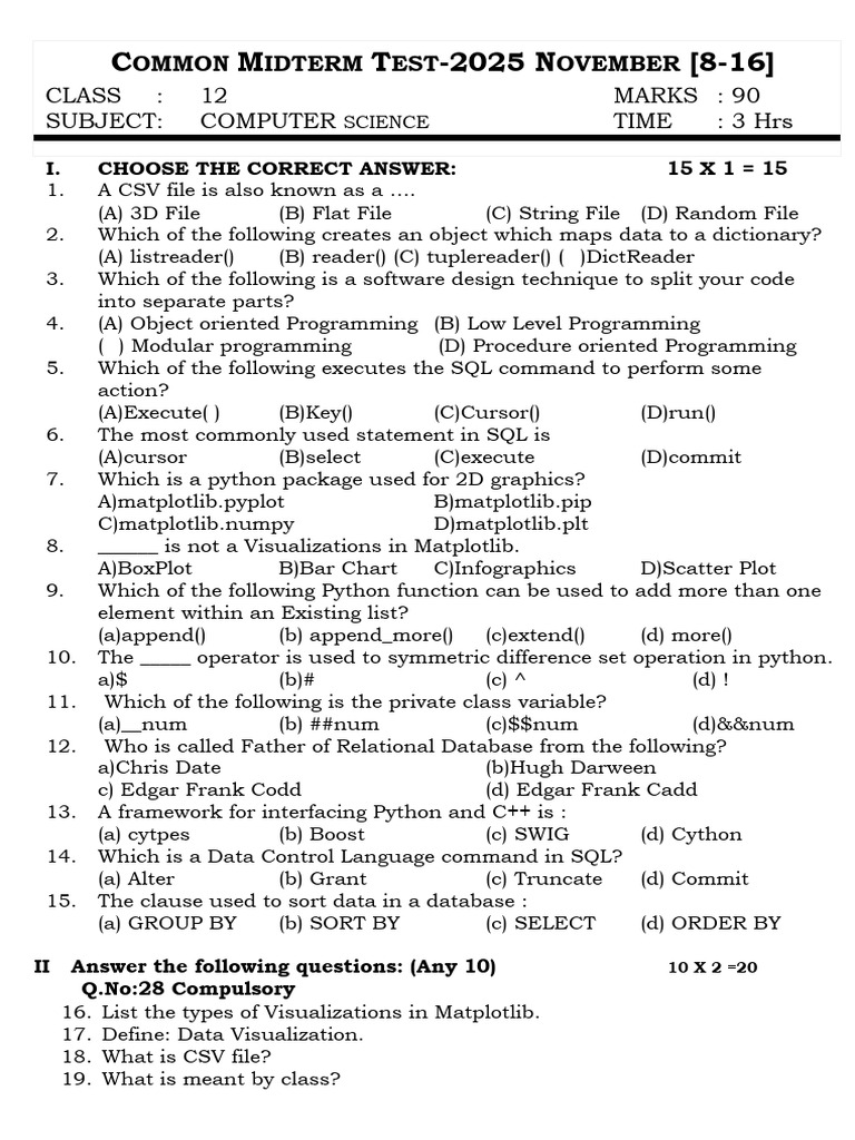 12th Computer Science EM - 2nd Mid Term Exam 2025 - Model Question Paper - English Medium - PDF ...