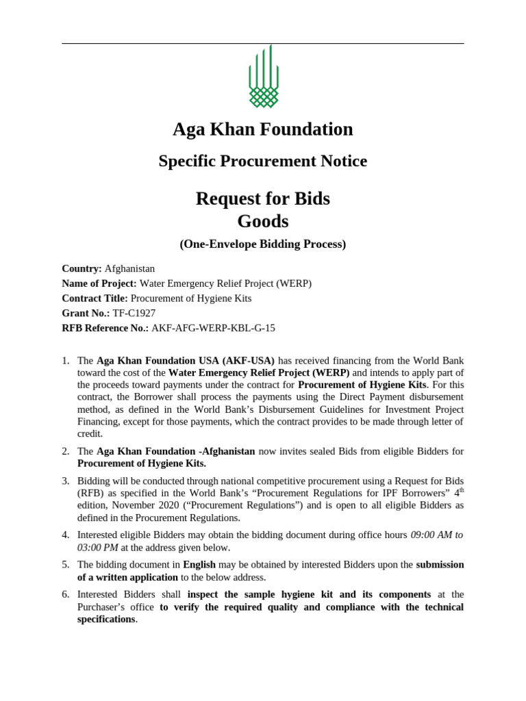 Aga Khan Foundation: Specific Procurement Notice | PDF | Procurement