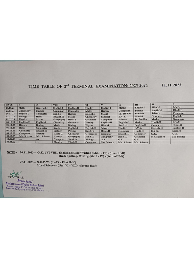 2nd Term Exam Time Table | PDF