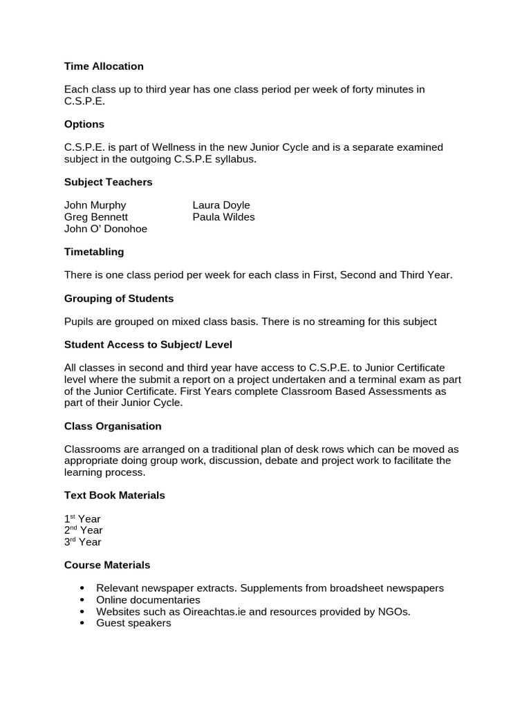 1junior Certificate:Cycle CSPE Document | PDF | Teachers | Learning