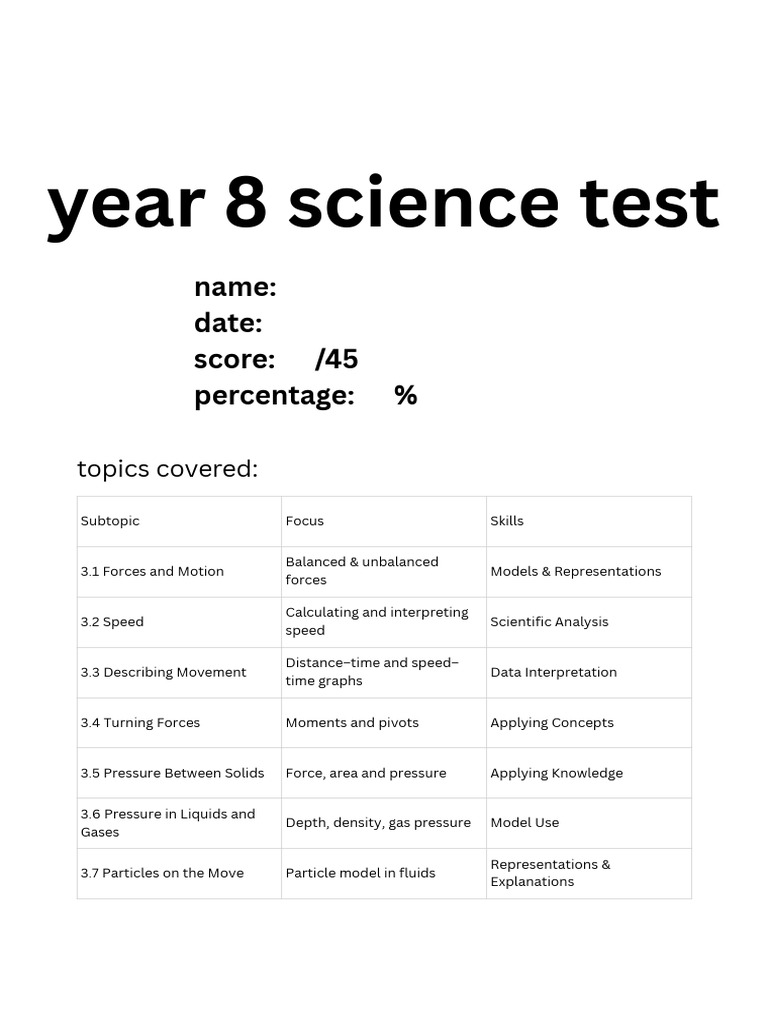 Year 8 Science Test: Forces & Motion | PDF