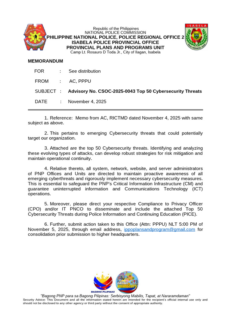 137. Advisory No. CSOC-2025-0043 Top 50 Cybersecurity Threats | PDF ...