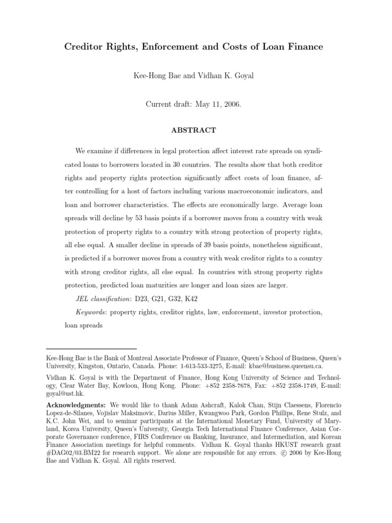 Impact of Creditor Rights on Loan Costs | PDF | Loans | Errors And ...