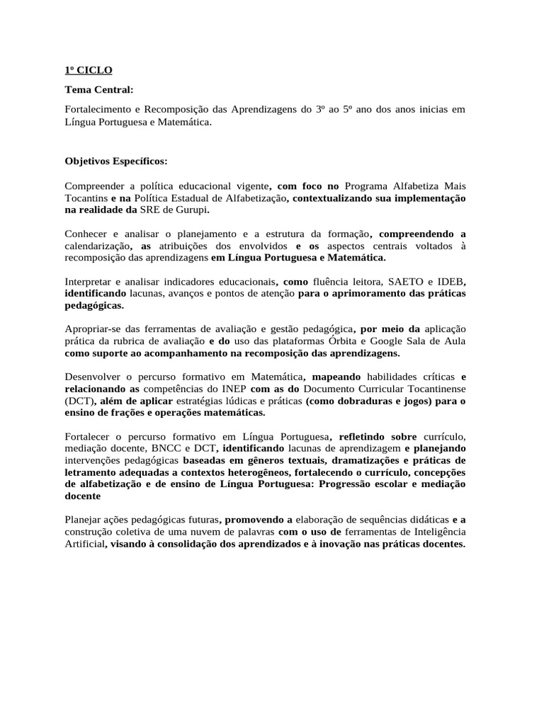 Tema e Obj. 1º e 2º Ciclo Vdd | PDF | Pedagogia | Aprendizado