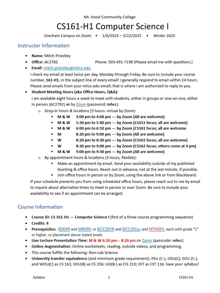 CS161-H1 Computer Science I Syllabus | PDF | C++ | Computing