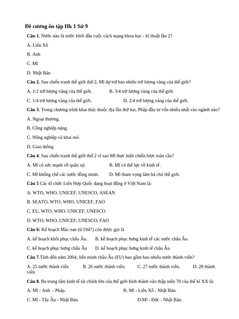 Đề Cương Ôn Tập Sử 9 Hk1 Năm 2021 (1) | PDF