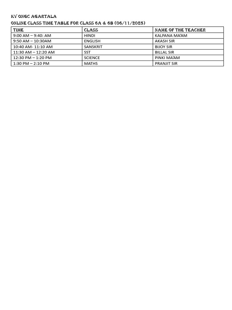 Online Class Time Table For 6th November | PDF