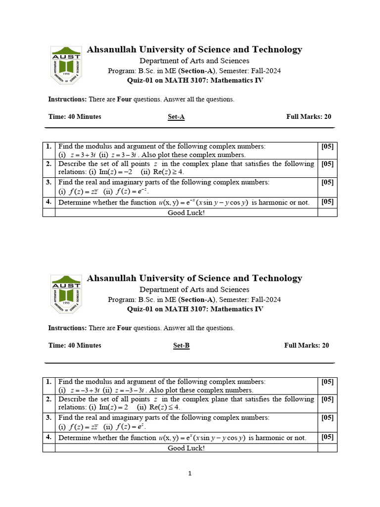 Quiz on Complex Numbers and Harmonic Functions | PDF