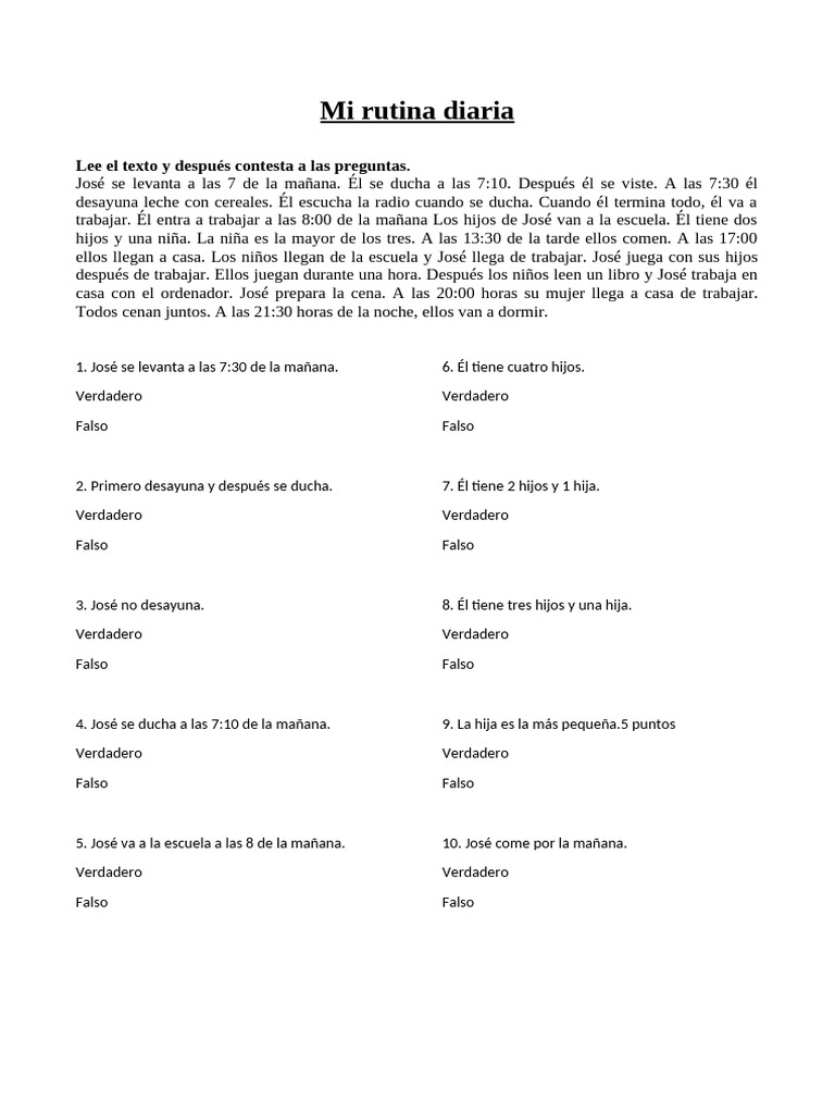 Mi Rutina Diaria (Comprensión Lectora) | PDF