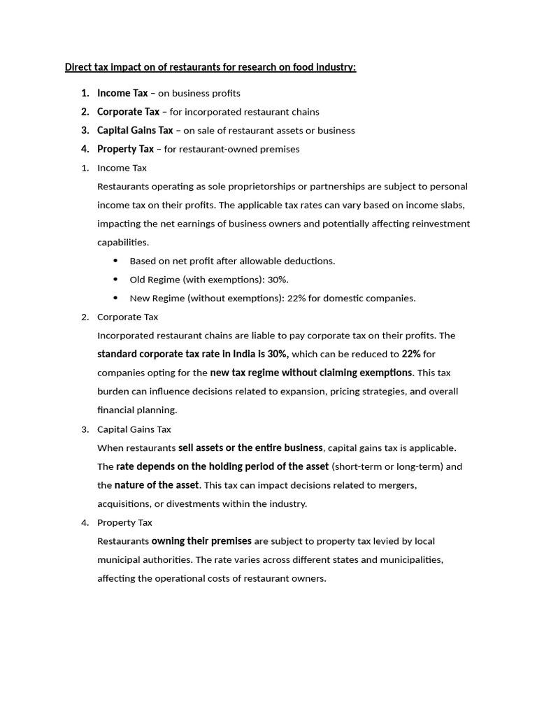 Direct Tax Impact On of Restaurants For Research On Food Industry | PDF ...