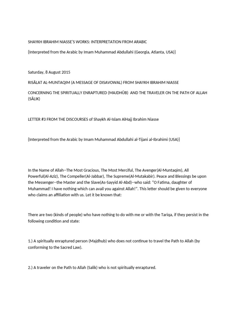 Shaykh Ibrahim Niasse's Disavowal Letter | PDF | Prophets And ...