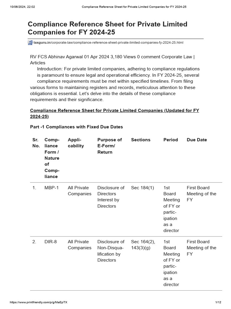 Compliance Reference Sheet For Private Limited Companies For FY 2024-25 ...