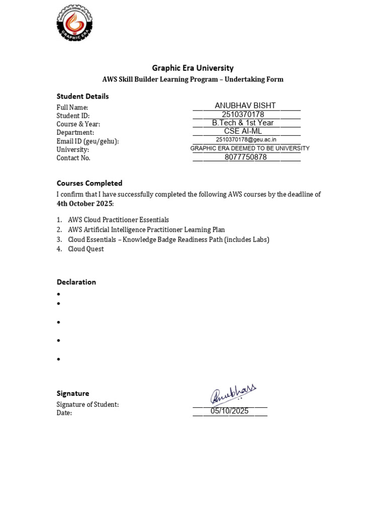 AWS Skill Builder Undertaking Form | PDF