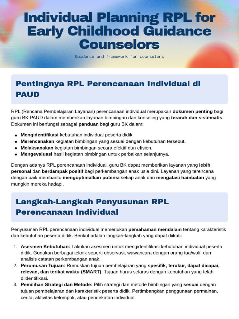 Individual Planning RPL for Early Childhood Guidance Counselors | PDF