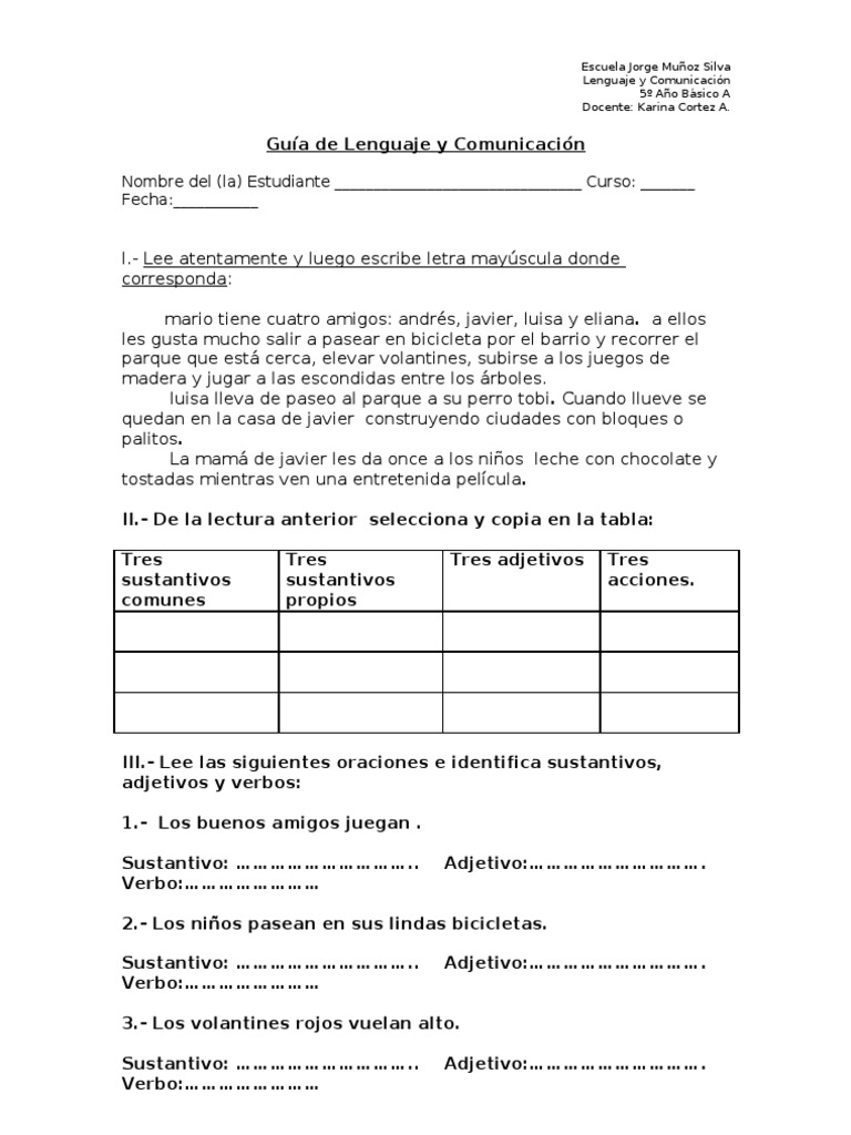 EVALUACION de Adjetivos Verbos Sustantivos