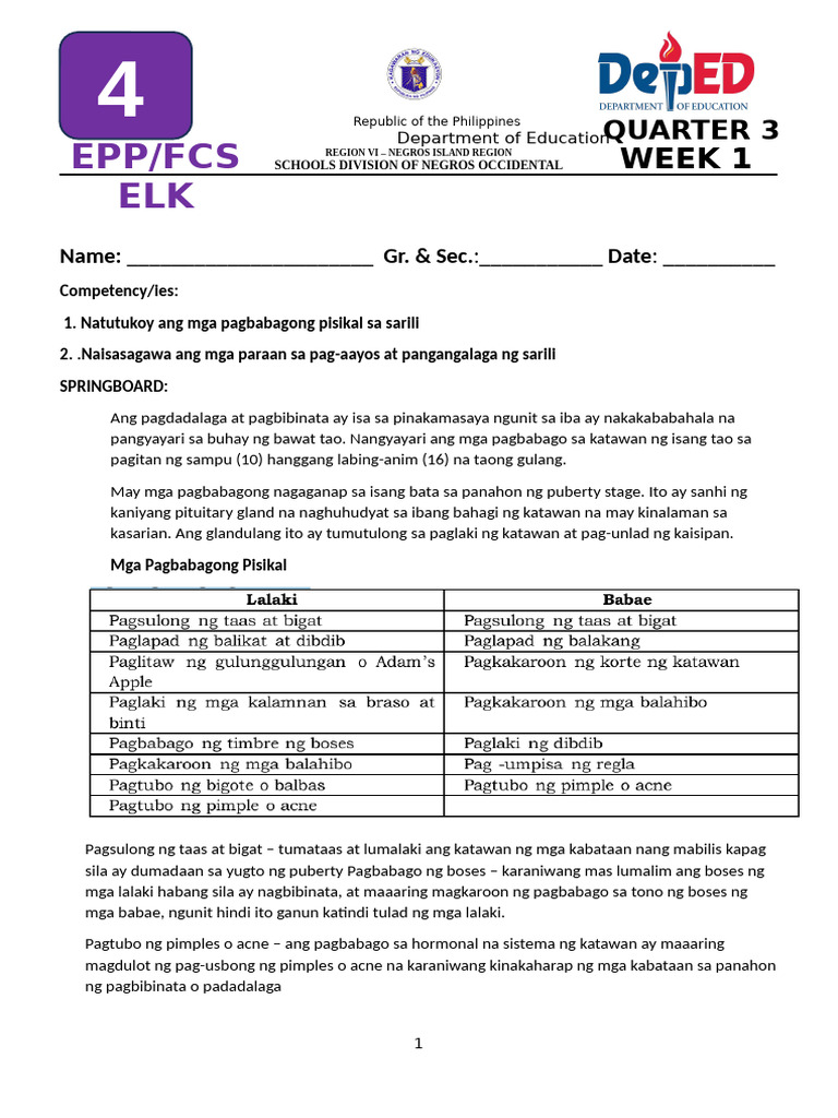 Epp - Fcs Grades - 4 q3 Week1 | PDF