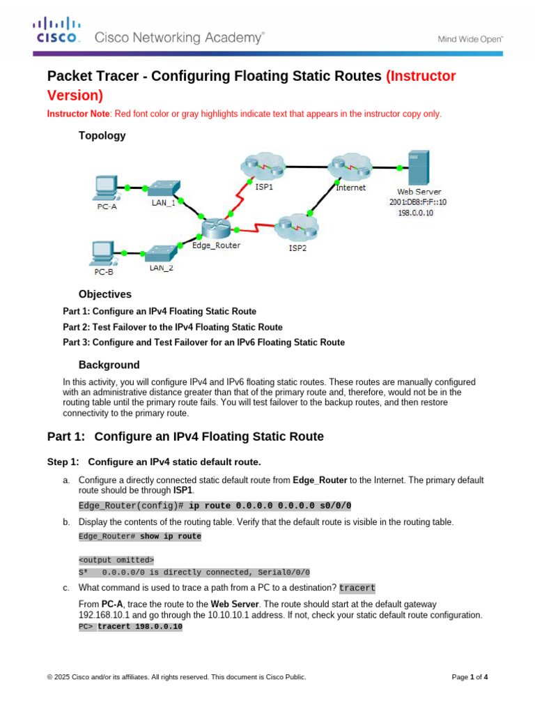 2.2.5.5 Packet Tracer - Configuring Floating Static Routes Instructions ...