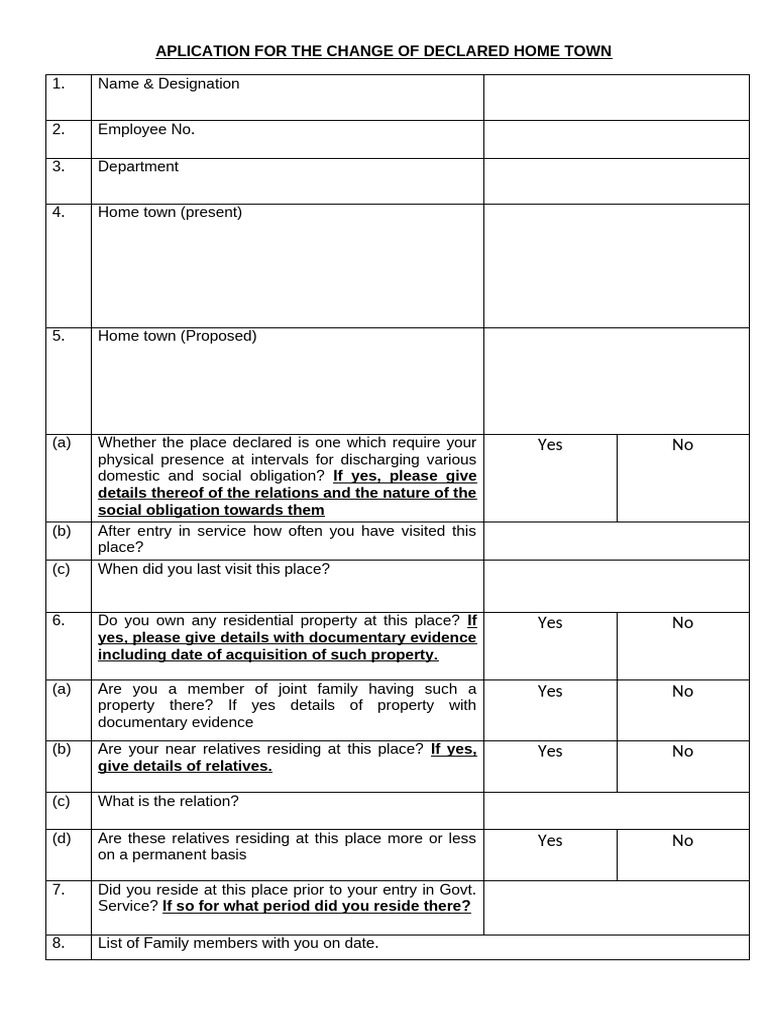 Home Town Change Application Form | PDF