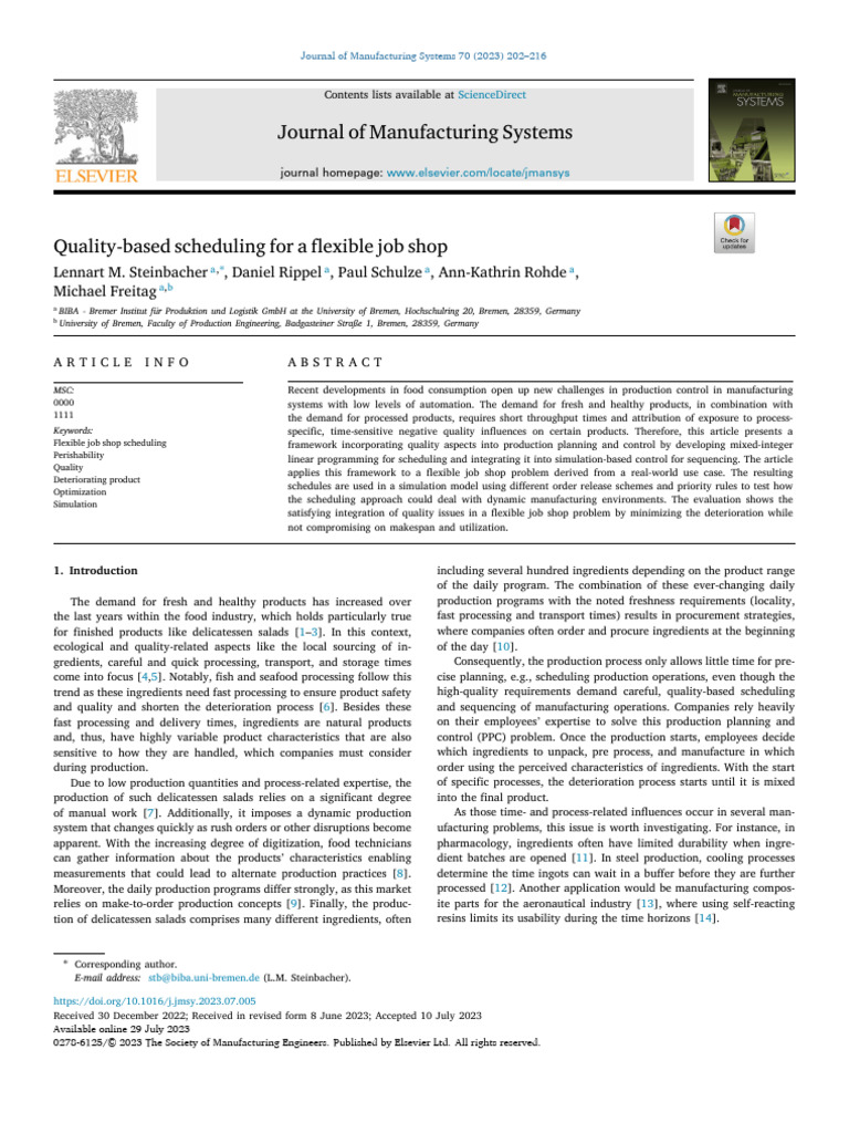 Quality-Based Scheduling For A Flexible Job Shop | PDF | Supply Chain ...