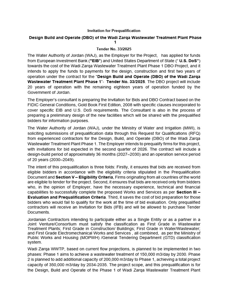 Wadi Zarqa WWTP Phase 1 Prequalification | PDF | Sewage Treatment ...